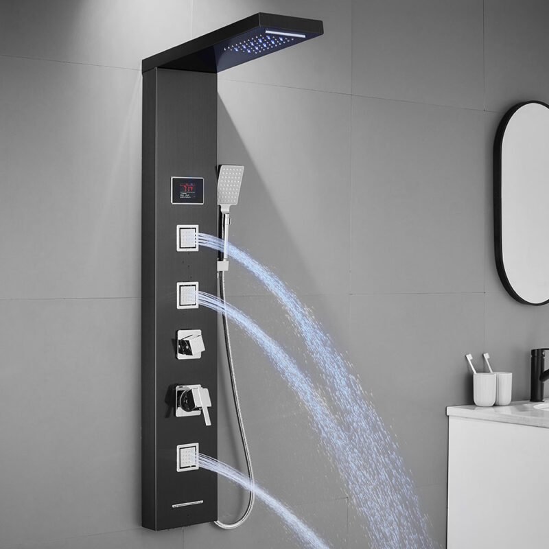 Brushed Black Shower Tower Panel With LED Light - Goky